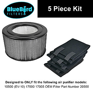BlueBird Filters Replacement HEPA Filter & Carbon Pre Filter Kit For Honeywell 10500 (EV-10) 17000 17000-S 17005 OEM Part Number 20500 (1 HEPA + 4 Carbon Pre-Filter)