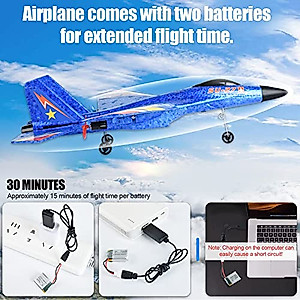 OUSEXI Blue RC Airplane Comes with 2 Batteries, 2.4 GHZ 2 Channels Remote Control Aircraft for Beginners,Outdoor Foam RC Airplane for Kids(with Night Light)