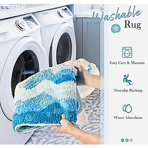 DyeFury Blue Ocean Wave Bath Mat, Cute Funky Bathroom Rugs for Coastal Beach Nautical Themed Decor, Non-Slip Washable Accent Rug for Bedroom Kitchen, Trendy Tufted Shower Mats 31"x 21"