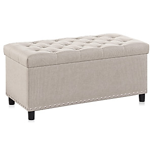 BELLEZE 35 Inch Button-Tufted Ottoman Linen Storage Bench with Safety Close Hinge for Living Room, Entryway, Hallway, Foot Rest, Support 300lbs - Beige