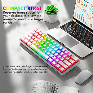Ractous RTK61P 60% Mechanical Gaming Keyboard RGB Backlit PBT Pudding keycaps 61key Ultra-Compact Wired Keyboard Programmable for PC/Mac Gamers,Hot-Swappable Gateron Optical Blue Switch (White)