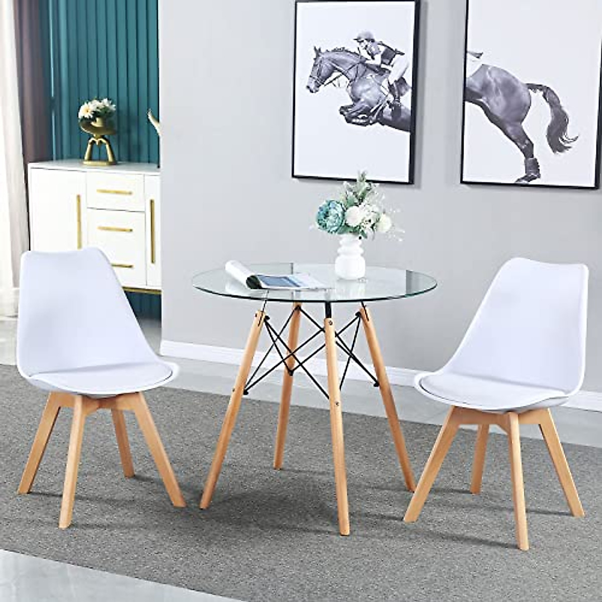 Round Glass Dining Table Small Kitchen Table Modern Circle Dining Room Table 32" with Wood Legs for Dinner Small Spaces Clear