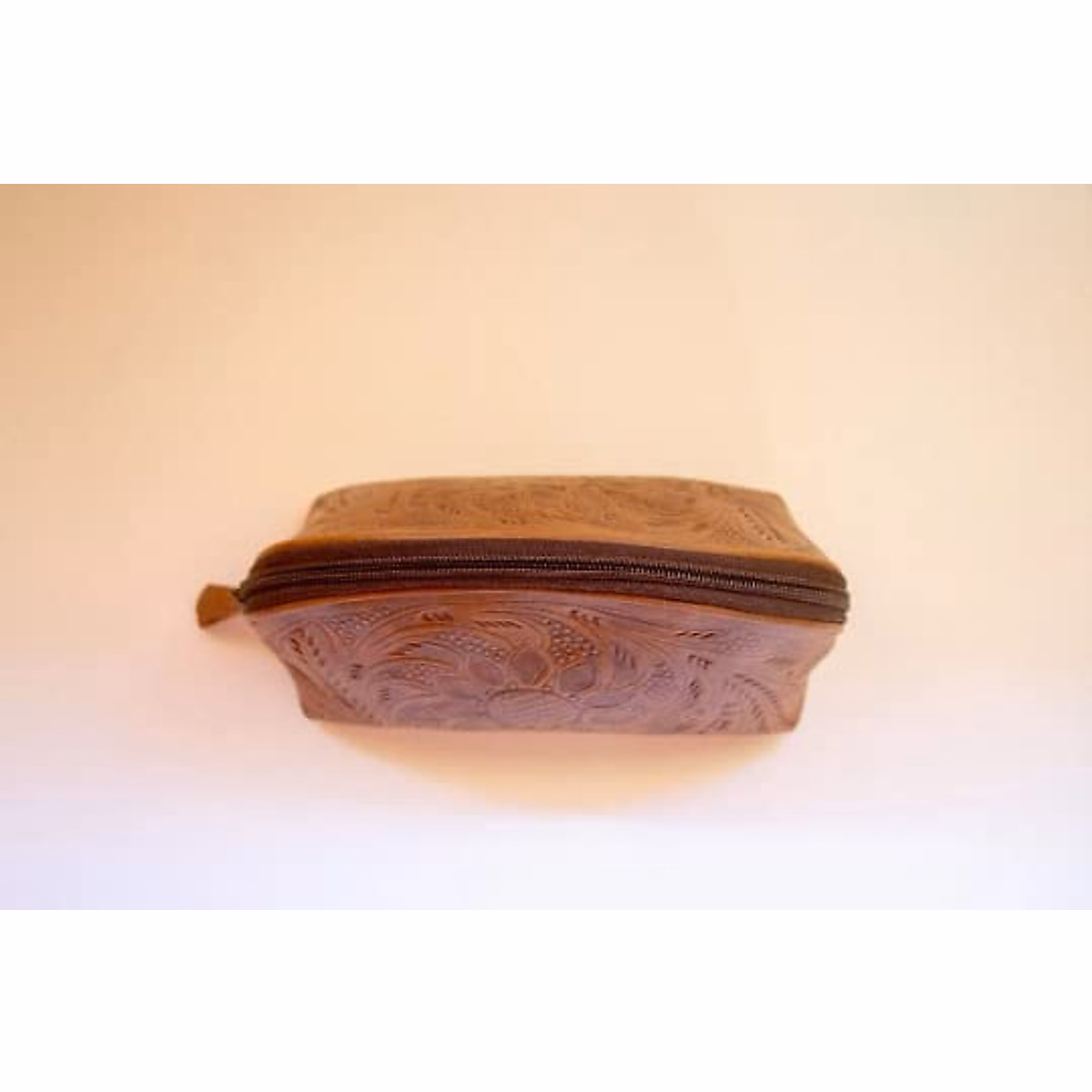 Womens Cosmetic Case, Leather makeup case, handtooled, toiletry and travel bag, zipper close, lined, tassel