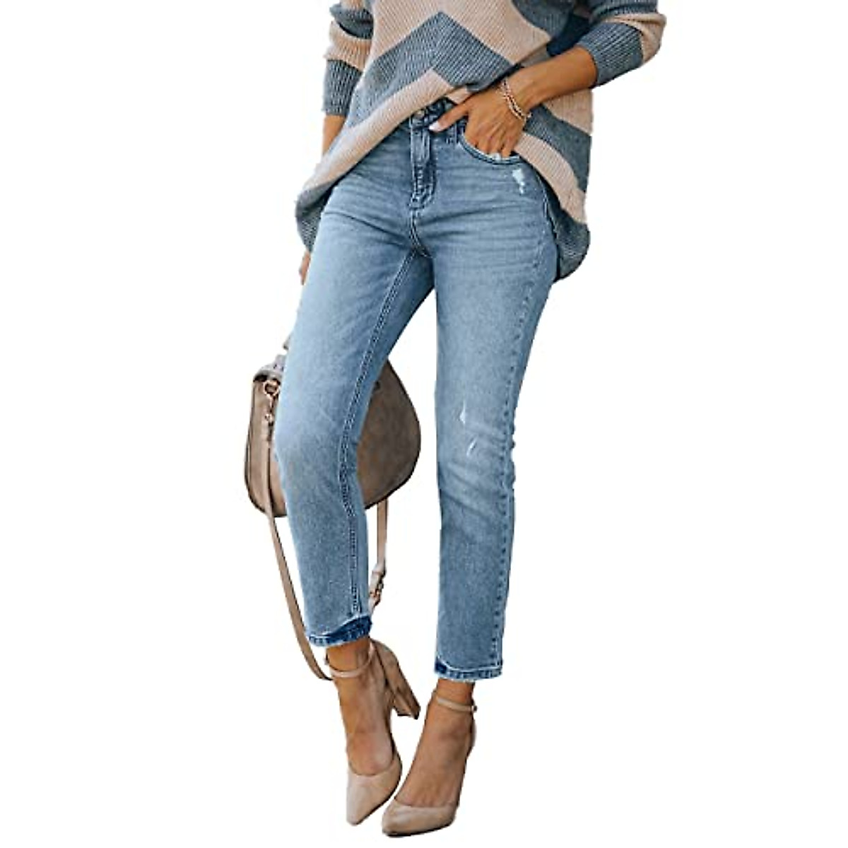 Lesore Womens High Waist Washed Raw Hem Boyfriend Ripped Distressed Destroyed Straight Leg Cropped Jeans Denim Pants Pockets Blue 29