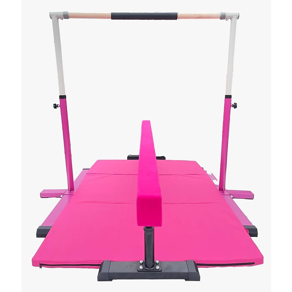 XDance Gymnastics Bar Kip Bar for Kids 3 in 1 Set with Adjustable Balance Tube, 6'x4' Tumble Mat, Expandable Height 3 to 5 FT Horizontal Bar Junior Gymnast Gymnastic Bar Asymmetric Bar Pink