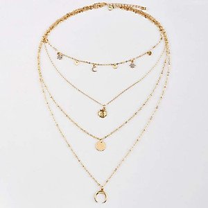 Anglacesmade Boho Layered Moon & Star Choker Necklace Coin Moon Star Sun Pendant Necklace Dainty Celestial Jewelry Multilayer Necklace for Women