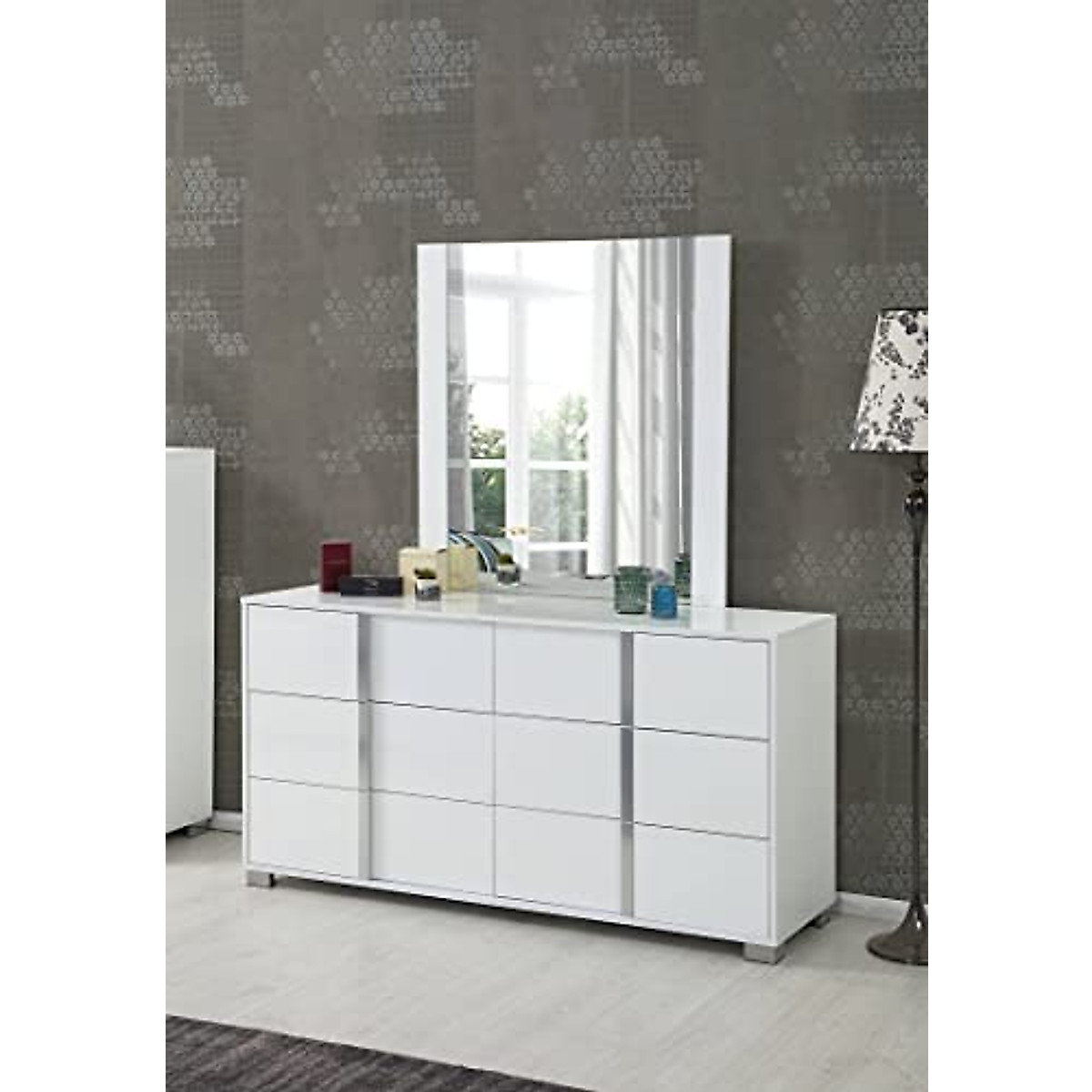 KANSOLE Roma Glossy Dresser & Mirror, White