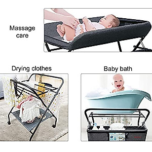 Holy Cat Baby Portable Changing Table with Wheels Adjustable Height Folding Infant Diaper Station Mobile Nursery Stand with Newborn Lightweight Large Storage Rack - Grey