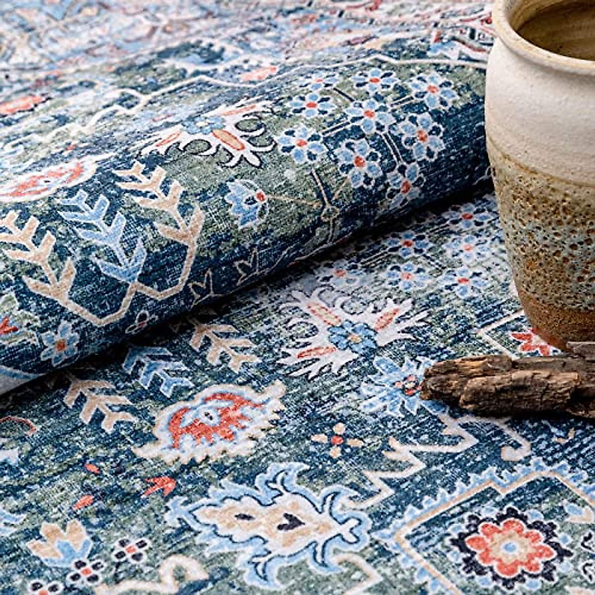 DECOMALL Runner Rug for Hallway Kitchen, Washable Long Rugs Green Multi, Bohemian Vintage Foldable Carpet for Entryway Entrance, 2'6"x9'