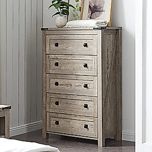 T4TREAM Farmhouse 5 Drawers Dresser Chests for Bedroom, Wood Rustic Tall Chset of Drawers,Dressers Organizer for Bedroom, Living Room,Hallway, Light Rustic Oak