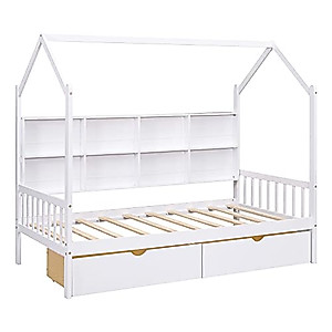 BIADNBZ Wood Twin Size House Bed with 2 Drawers and Storage Shelf, Low Platform Bedframe Daybed with Roof for Kids/Teens/Girls/Boys, White