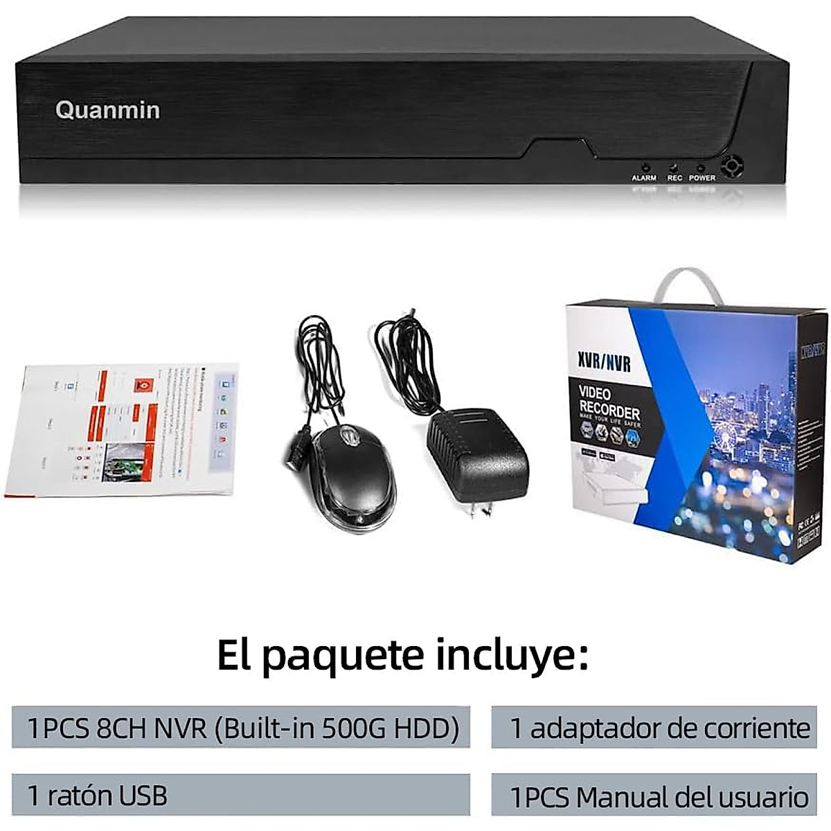 Quanmin 8CH 5MP NVR with 500GB HDD Network Video Recorder 25ft Night Vision,Supports 8CH 5MP/4MP/3MP/1080P/720P IP Camera,H.265+,HDMI,VGA Output,P2P,APP Remote Access for Security CCTV Camera Systems