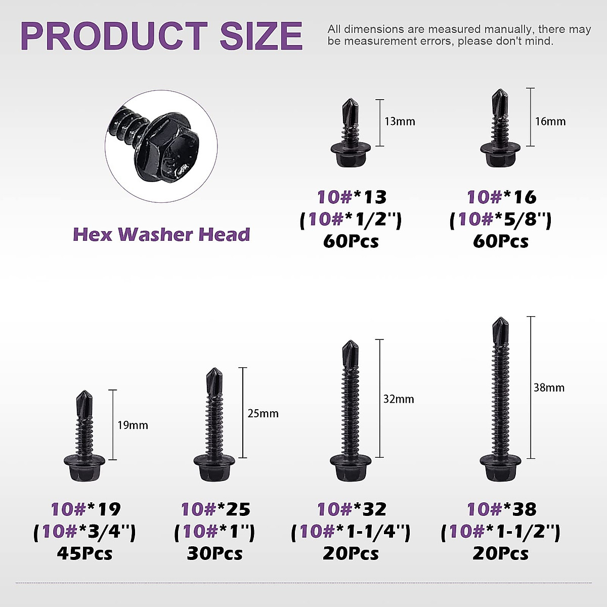 Swpeet 235Pcs Black 410 Stainless Steel #10 Self Drilling Screw Assortment Kit, Hex Washer Head Self Drilling Sheet Metal Screws Head Self Tapping Screws Anti-Rust Metal Screws Set