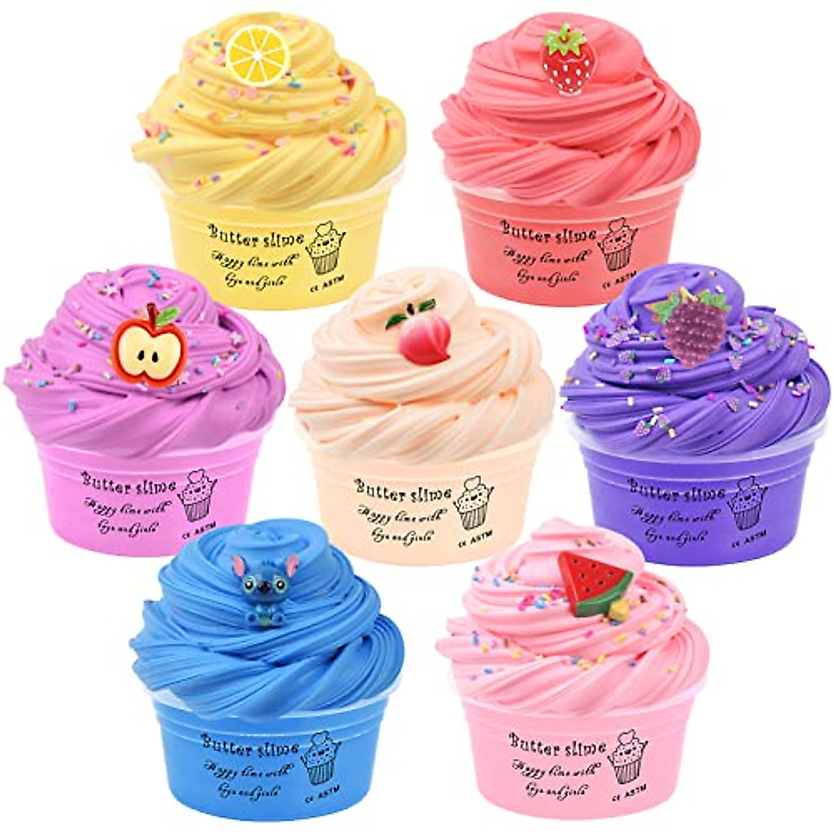 7 Pack Mini Butter Slime Kit for Girls 10-12, with Blue Slime, Lemon Watermelon and Peachybbies Slime Charm etc,DIY Scented Putty Slime for Kids,Soft and Non-Sticky，Cute Stuff Toys