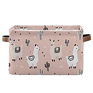 Cartoon Llama Alpaca Cactus Storage Bin Canvas Toys Storage Basket Bin Large Storage Cube Box Collapsible with Handles for Home Office Bedroom Closet Shelves,2 pcs