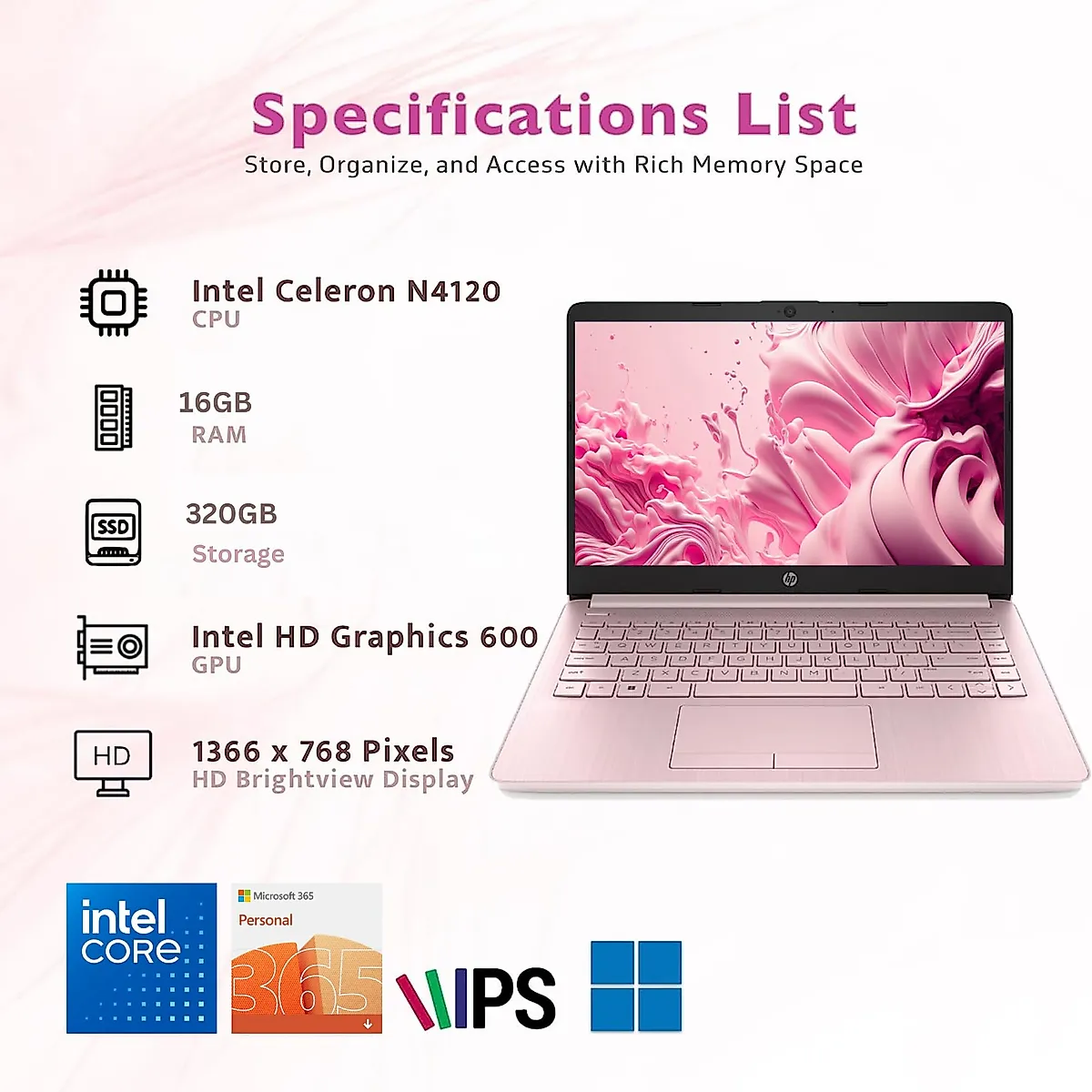 hp Stream Laptop, 14" HD Display, Intel Celeron N4020 Processor, 16GB Memory, 320GB Storage (64GB eMMC + 256GB USB), 1-Year Office 365, Webcam, HDMI, Wi-Fi, USB-C, Windows 11 Home, Pink, JVQ MP