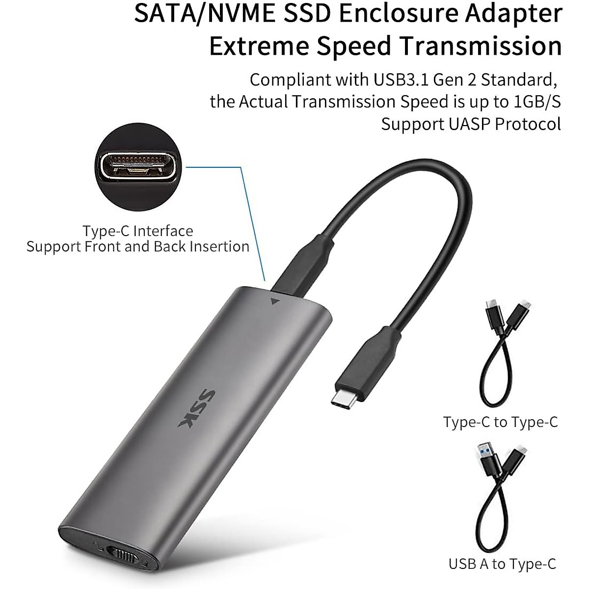 SSK Aluminum M.2 to USB NVMe SATA SSD Enclosure Reader, Tool-Free USB 3.2 Gen 2 10Gbps NVMe PCI-E 6Gbps SATA M-Key / B+M Key Solid State Drive External Adapter With UASP Trim, for SSDs 2242 2260 2280
