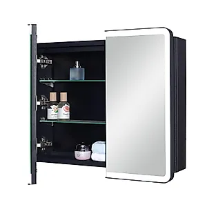 IDYLLOR LED Bathroom Medicine Cabinet with Round Corner Framed Mirror Door 22 x 20 inch, Recessed or Surface Mount, with Adjustable Glass Shelves Shelves