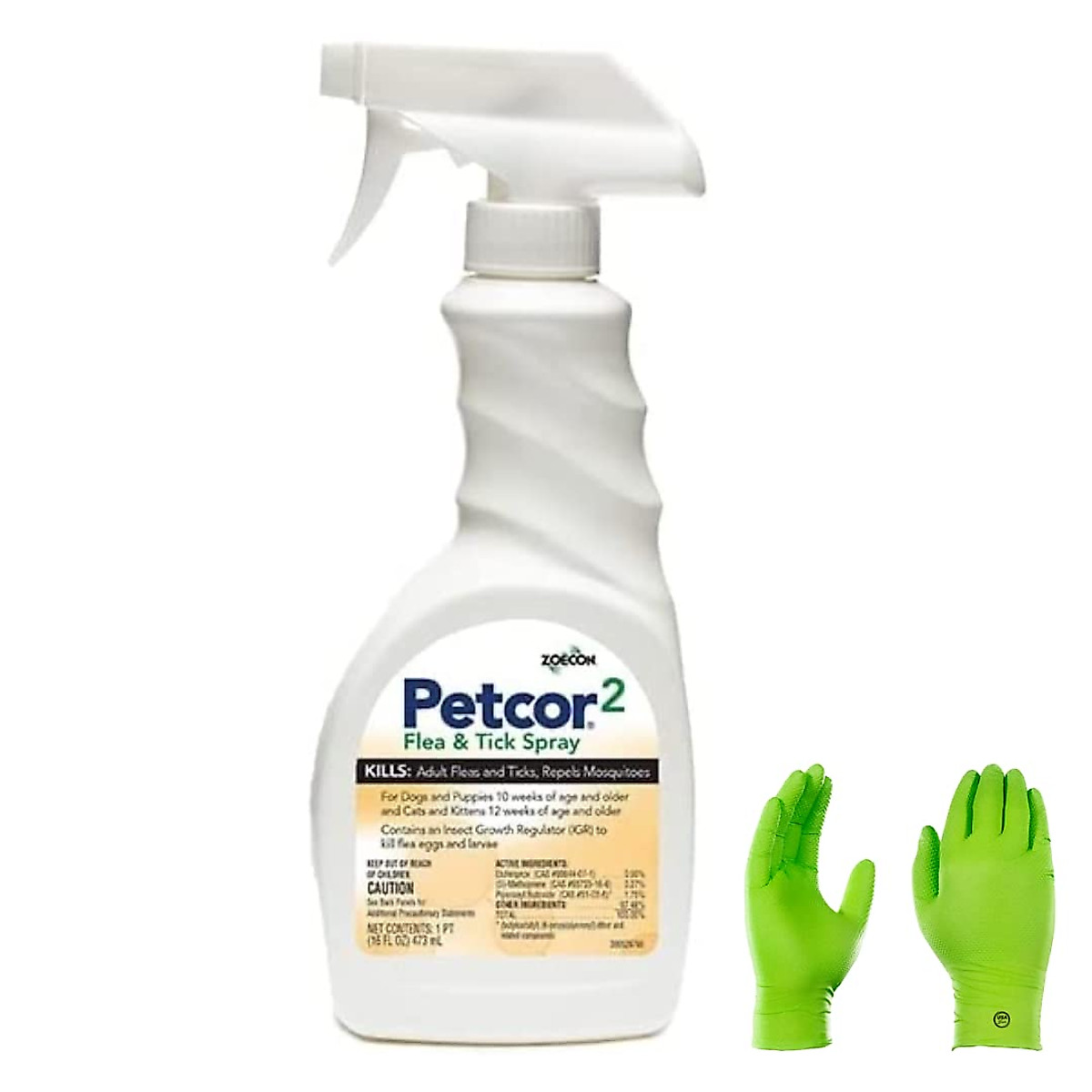 Petcor Pet Flea & Tick Spray - Easy-use Spray - Kill Ticks, lice, Fleas, and Mosquitoes on Dogs, Cats, Puppies, and Kittens | USA Supply Gloves | USA Supply Pest Identification Card