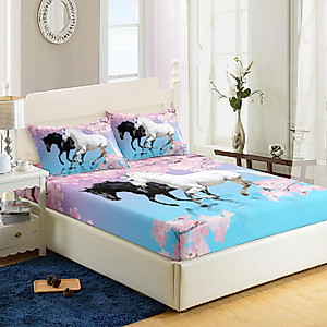 AILONEN Horse Bedding Set Twin XL Size - Galloping Black & White Horses Bed Sheet 3 Pieces Set for Kids Girls - Pink Cherry Sheet Animals Theme Fitted Sheet and 2 Pillowcases