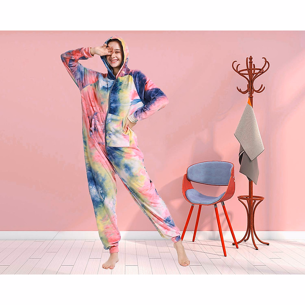 Lifeye Adult Jumpsuit Pajamas Hoodie Homewear Romper Sleepwear Tie Dye Costume for Women Men