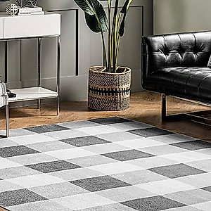 nuLOOM Lucy Machine Washable Farmhouse Buffalo Plaid Ultra Thin Area Rug, 3' x 5', Grey
