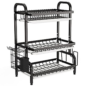 1Easylife Dish Drying Rack, 3 Tier Dish Rack with Tray Utensil Holder, Large Capacity Dish Drainer with Cutting Board Holder Drain Board Tray for Kitchen Counter Organizer Storage (Black)