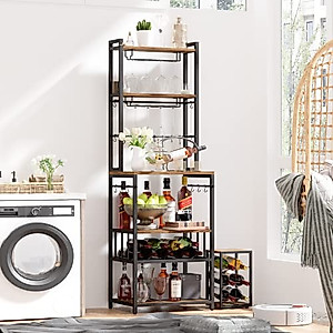 Amosic Wine Baker Rack, Industrial Wine Bar Cabinet, 6-Tier Wine Storage Display Shelves, Floor Liquor Wine Cabinet Storage with Rustic Wood Countertop Wine Rack 6 Bottles, for Bar (Rustic Brown)