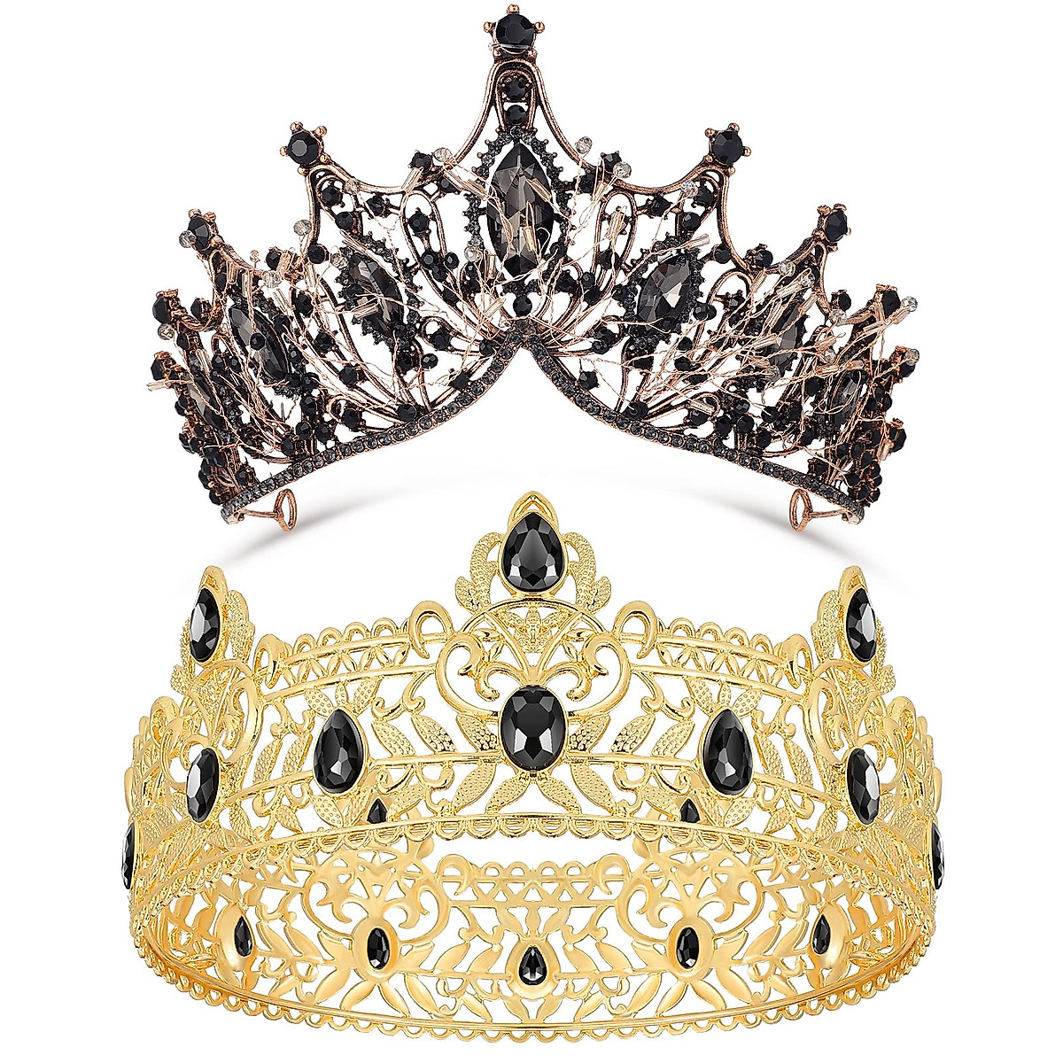 Ferraycle 2 Pcs Crowns for Men Women King Royal Crown with Black Rhinestone Crystal Queen Royal Round Crown Halloween Medieval Princess Costume for Wedding Homecoming Prom Party Decorations