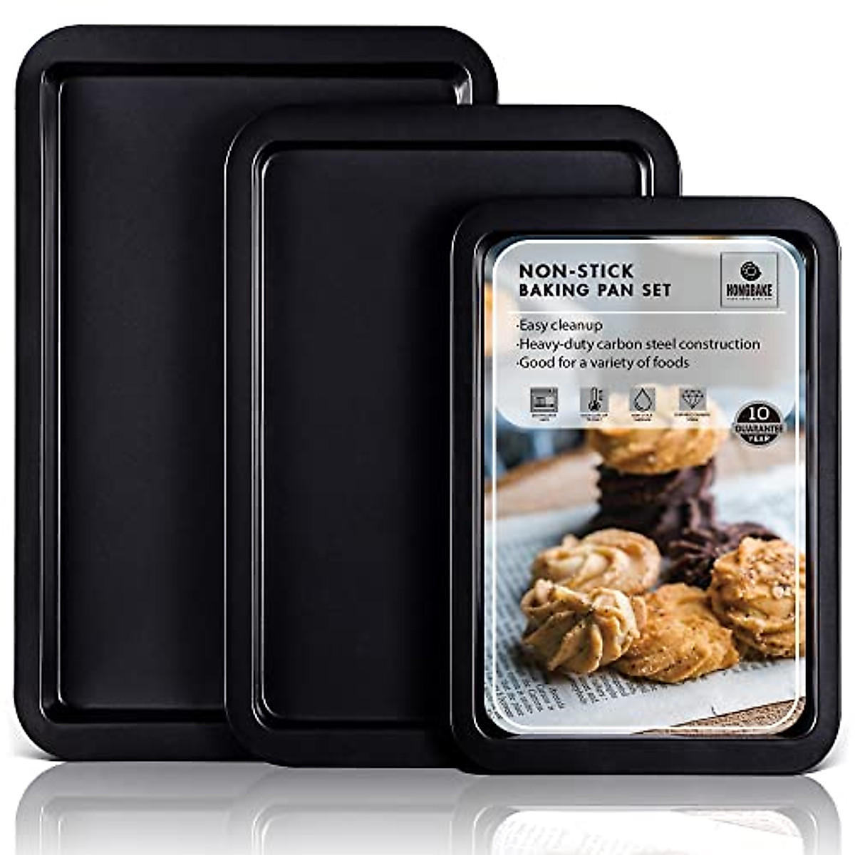 HONGBAKE Baking Sheet Pan Set, Cookie Sheet for Oven, Nonstick Bakeware Sets with Wider Grips, 3 Pack Half/Jelly Roll/Quarter Baking Tray, Premium, Dishwasher Safe - Dark Grey