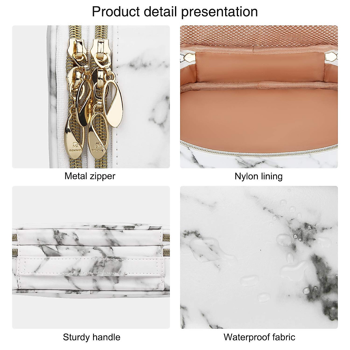 Relavel Makeup Case 2-Layer Cosmetic Brush Bag Marble Storage Travel Bag for Professional Makeup Brushes Storage Box (Marble White Pattern)