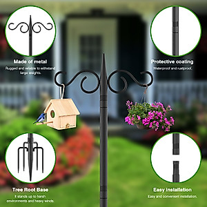 RCUICA Double Shepherds Hooks for Outdoor,2 Pack 110 Inch Bird Feeder Pole with 5 Prongs Base,Heavy Duty Shepherds Hook,Suitable for Garden in Hanging Flower Basket,Lantern,Bird Nests (110 Inch)