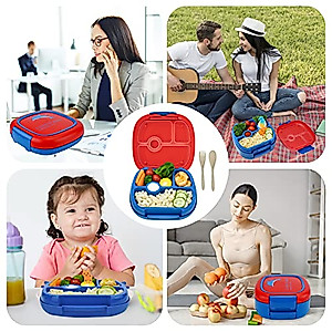 Kekimatata Bento Box, Kids Lunch Box, Leak-Proof, 4 Compartment, BPA-Free, Dishwasher Safe, Ideal Portion Sizes for Ages 4 to 7, Animal Fruit Fork & Wheat Straw Fork Spoon With Bag (Blue)