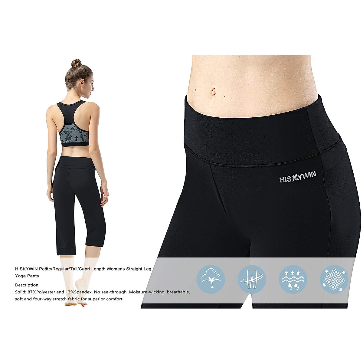 HISKYWIN 17"/23"/27"/29"/31"/33"/35" Inseam Capri/Petite/Regular/Tall Length Women's Straight Leg Yoga Pants Zip Pocket HF604-Black-M