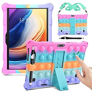 DETUOSI Silicone Case Compatible with Dragon Touch Notepad K10, 10 inch Universal Tablet Case, Multi-Angle Protective Cover for ZONKO K105 10 inch, Winsing 10 with Strap & Stylus Pen, Rainbow