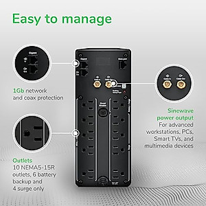 APC UPS 1500VA Sine Wave UPS Battery Backup, BR1500MS2 Backup Battery Power Supply, AVR, 10 Outlets, (2) USB Charger Ports