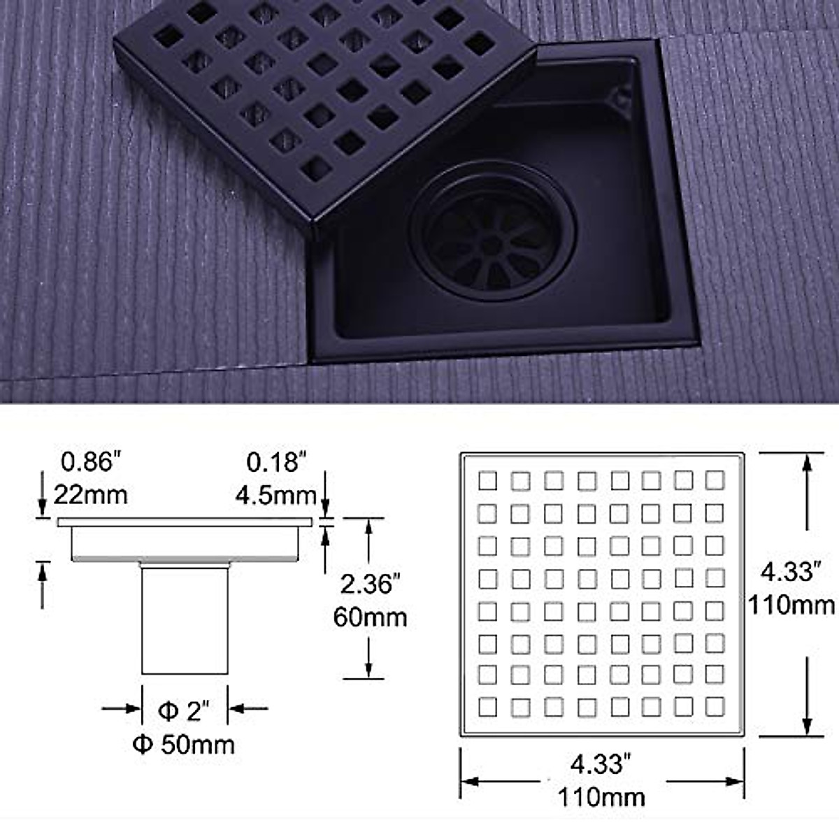 Square Shower Drain 4 inch, Nicmondo Point Center Floor Waste Drain with Removable Grate Cover, Stainless Steel 11cm x 11cm, Matte Black