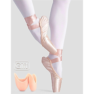 Daydance Women's Pointe Shoes Pink Ribbon Ballerina Ballet Shoes with Silicone Toe Pads (Light Pink, 7)