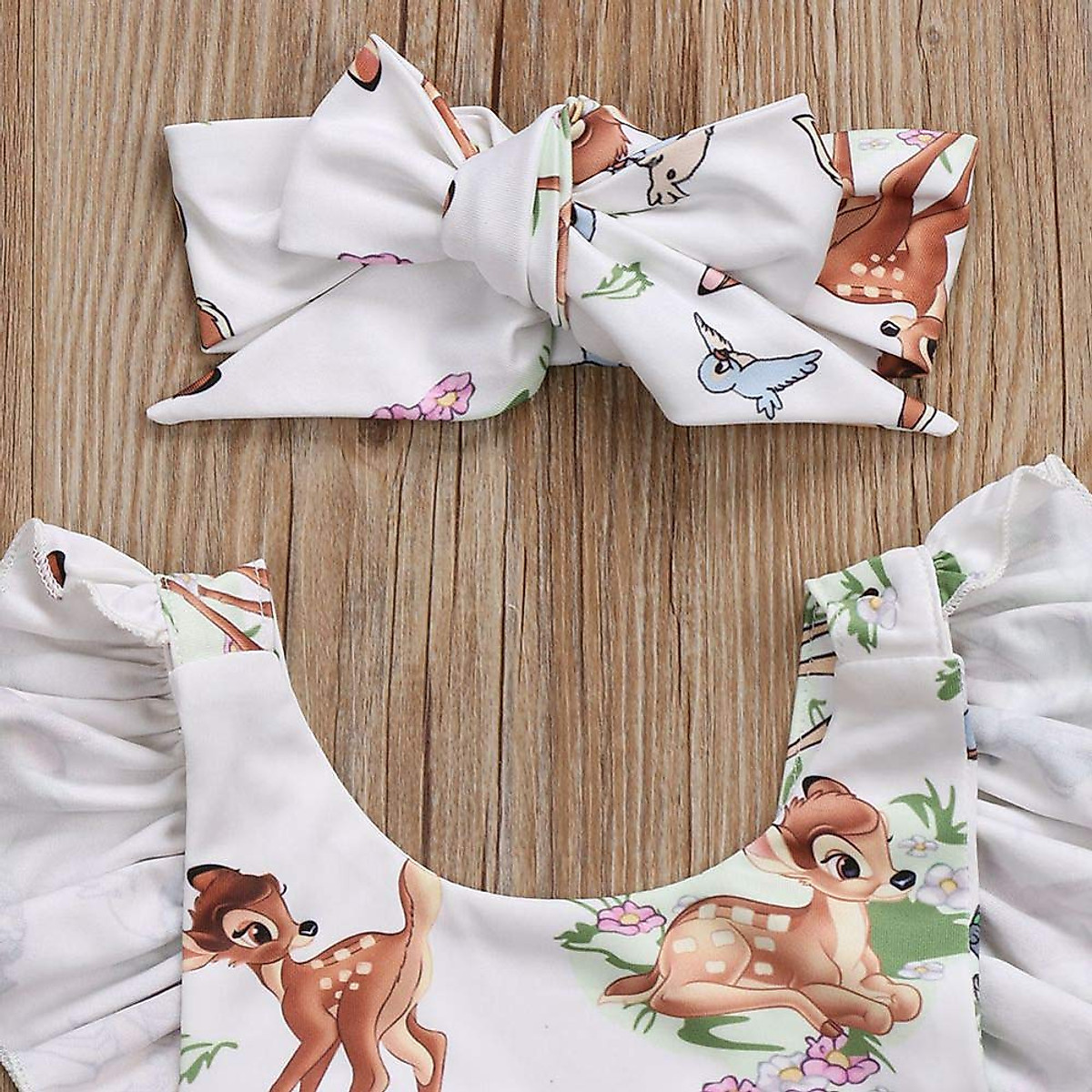 Newborn Toddler Infant Baby Girls Clothes Christmas Bambi Deer Romper+Headband Ruffle Flutter Sleeve Bodysuit Backless Sunsuit Birthday Playsuit 2pcs Outfit Set White 0-6 Months