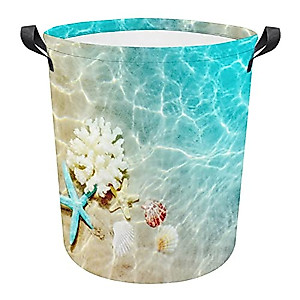 Starfish Coral and Seashell on Beach Foldable Laundry Basket Waterproof Hamper Storage Bin Bag with Handle 16.5"x 16.5"x 17"