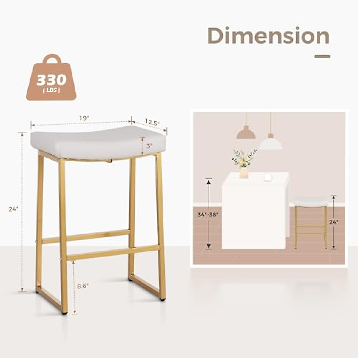 MAISON ARTS White & Gold Bar Stools Set of 2 for Kitchen Counter Backless Counter Height 24 Inches Saddle Stools Modern Gold Barstools Upholstered Faux Leather Stools Farmhouse Island Chairs