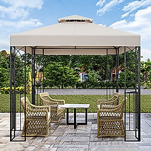 COOS BAY 8x8 Outdoor Patio Gazebo with Corner Shelves, Two-Tiered Soft Top Canopy for Backyard, Lawn, Deck and Garden, Beige