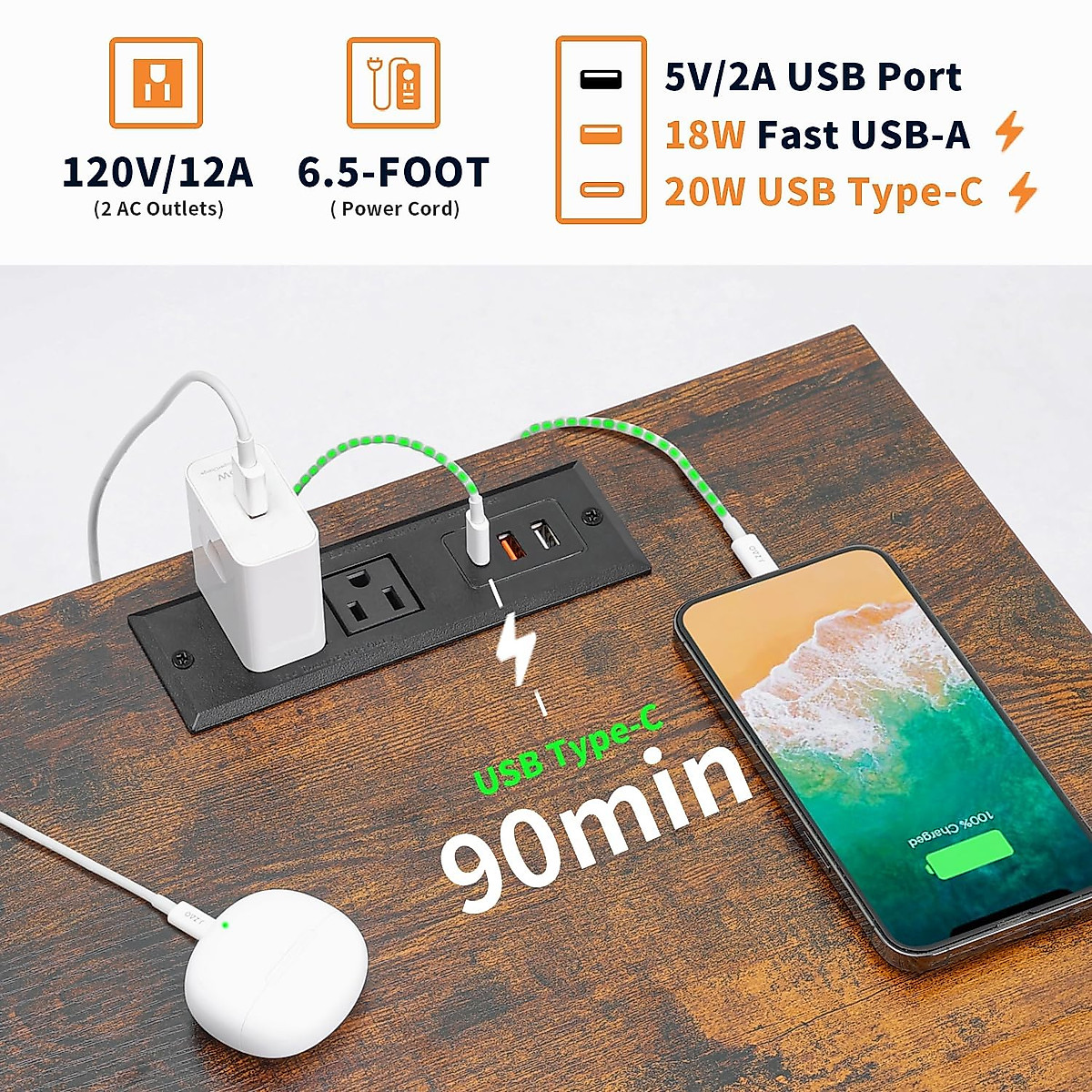 LAKEMID Narrow Side Table Set 2 with LED Light and USB C Port, Night Stand with Charging Station, Skinny End Table with 2 Fabric Drawers, for Bedroom, Living Room, Rustic Brown