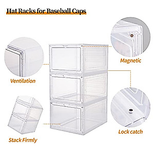 Hat Organizer for Baseball Caps,set of 6, Transparent Hat Storage Box, Hat Holder With Clear Magnetic Door, Stackable Hat Rack, Easy to Assemble Stylish Hat Display(13.5 "x 10.6" x 7.5 ")