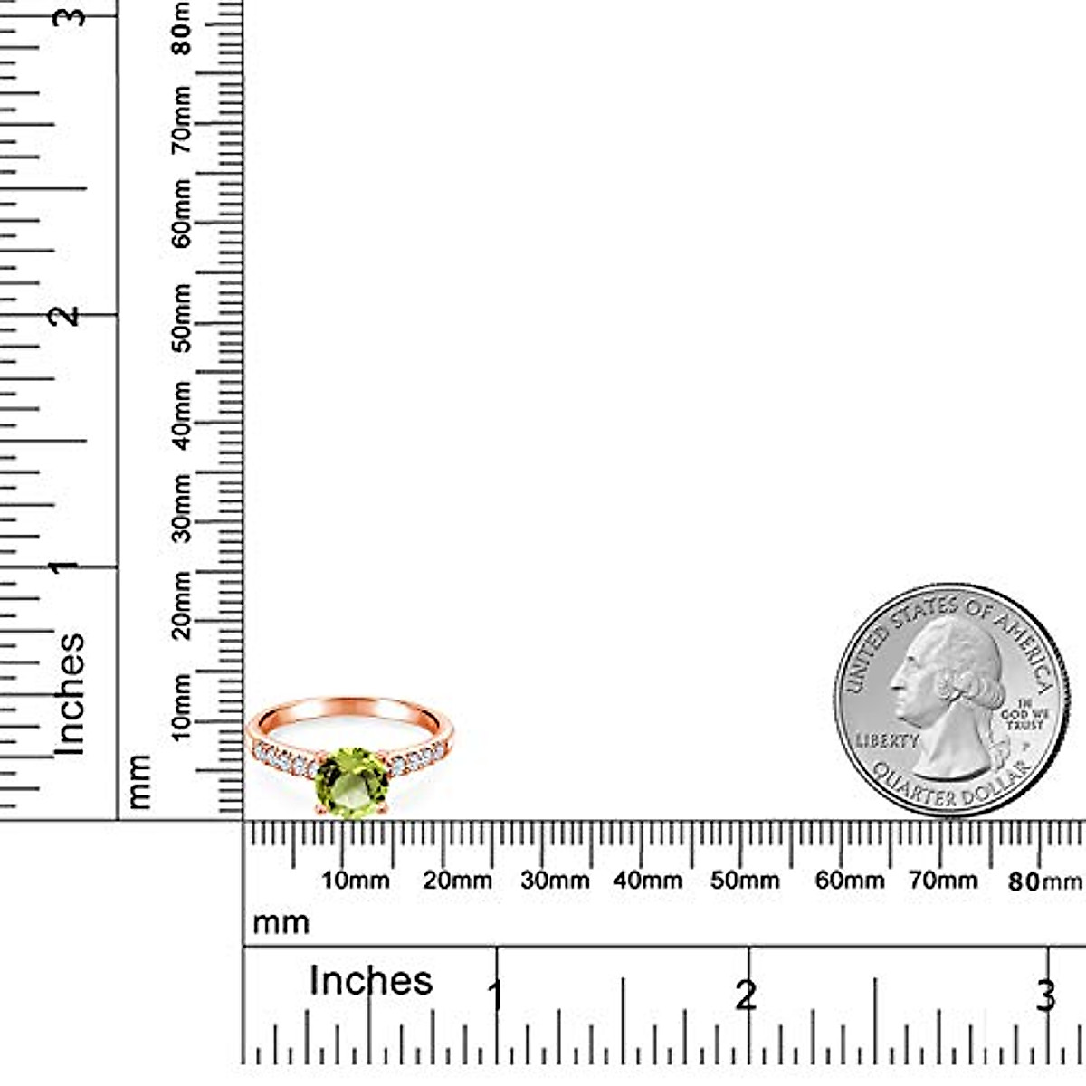 Gem Stone King 1.85 Ct Round Green Peridot White Created Sapphire 10K Rose Gold Ring (Size 7)