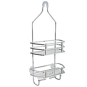 Bath Bliss Shower Head Caddy, Suction Cup Backing, 2 Tier Shelving & 6 Accessory Hooks, Chrome