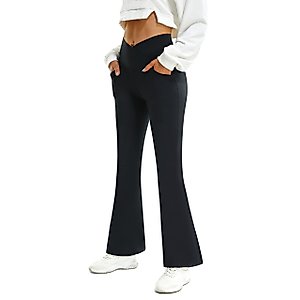 FireSwan Womens Crossover Flare Leggings with Pockets Bootcut High Waisted Yoga Pants Tummy Control Gym Workout Work Pants Black