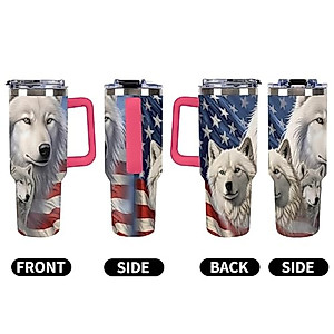 Patriotic Wolves 40 Oz Stainless Steel Cup Travel Tumbler with Handle and Straw Lightweight Coffee Mug for Home Office
