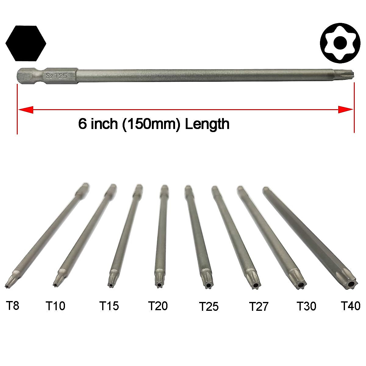 YDLQWCZ Long Torx Security Screwdriver Bit Sets 6 Inch Length T8 T10 T15 T20 T25 T27 T30 T40 S2 Steel Torx Security Head Drill Screw Driver Drill Set (8Pcs Torx Head (150mm)