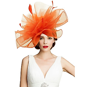 TLMNU Sinamay Fascinator Hat Floral Feather Pillbox Derby Hats for Women Wedding Tea Party with Headband Clip 01Orange